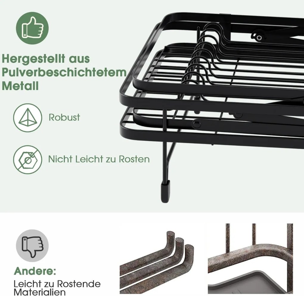 Costway Dish Drainer 2-vrstvý skládací kovový stojan na nádobí, černý