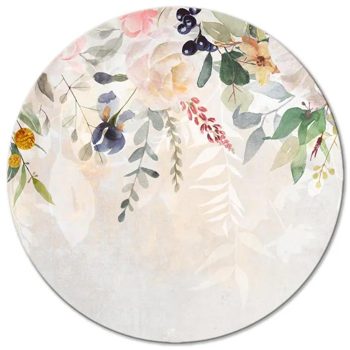 Kulatý obraz Rozkvět - jemné květy a listy na světle béžovém pozadí