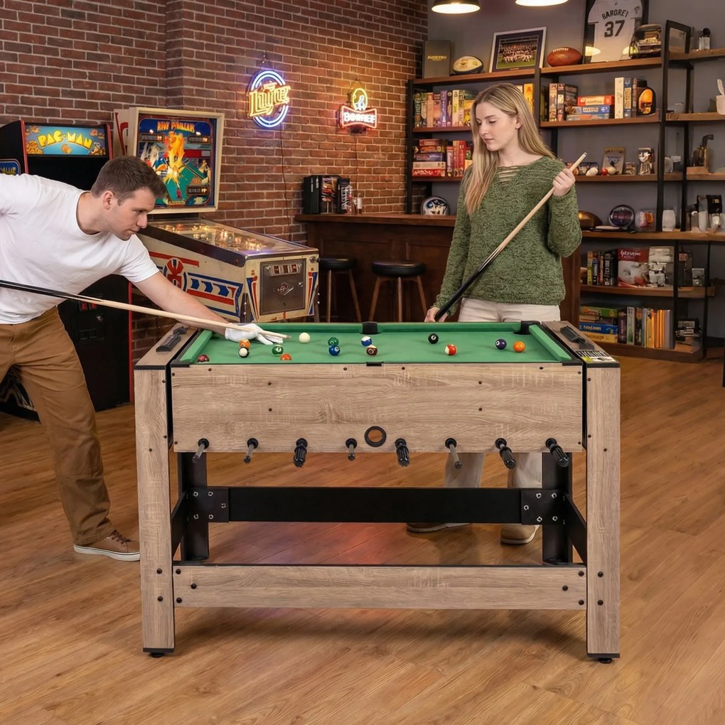 Costway 2 v 1 Otočný hrací stůl 124 cm Souprava stolního fotbalu a kulečníku