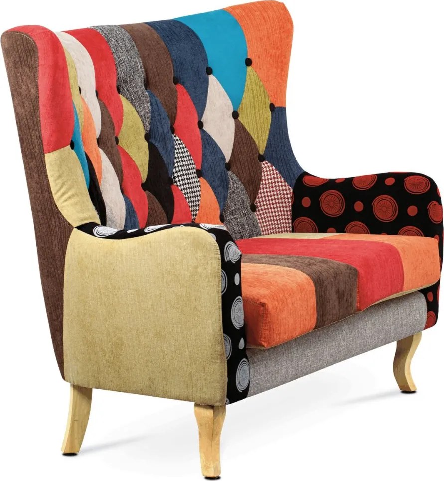 Dvojsedačka, potah látka patchwork, dřevěné nohy, masiv kaučukovník patchwork