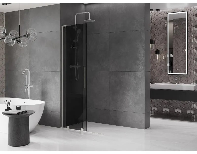 Mexen Velar L, posuvná sprchová zástěna Walk-in 90 x 200 cm, 8mm šedé sklo, broušená ocel, 871-090-003-43-97