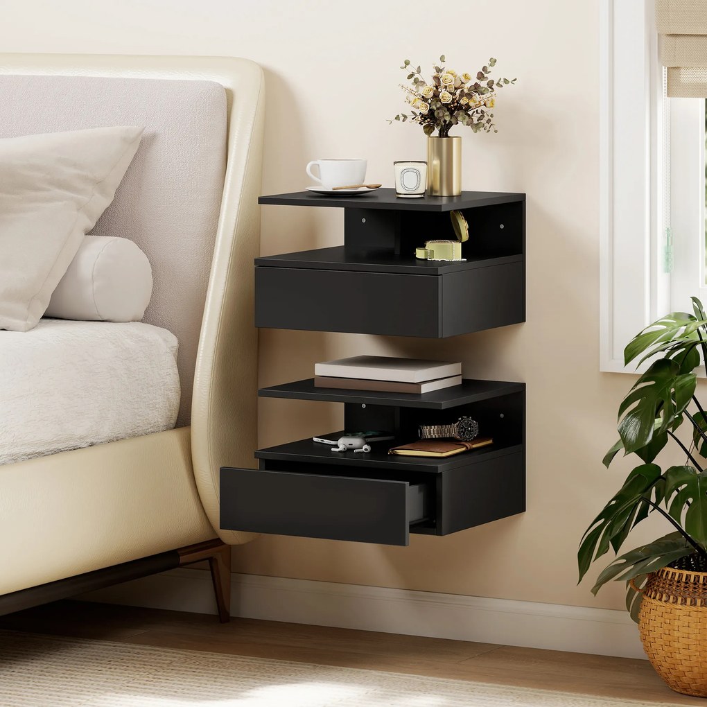 HOMCOM sada 2 zavěšených nočních stolků se zásuvkou, nástěnná montáž, 35x32x22,5 cm, černá