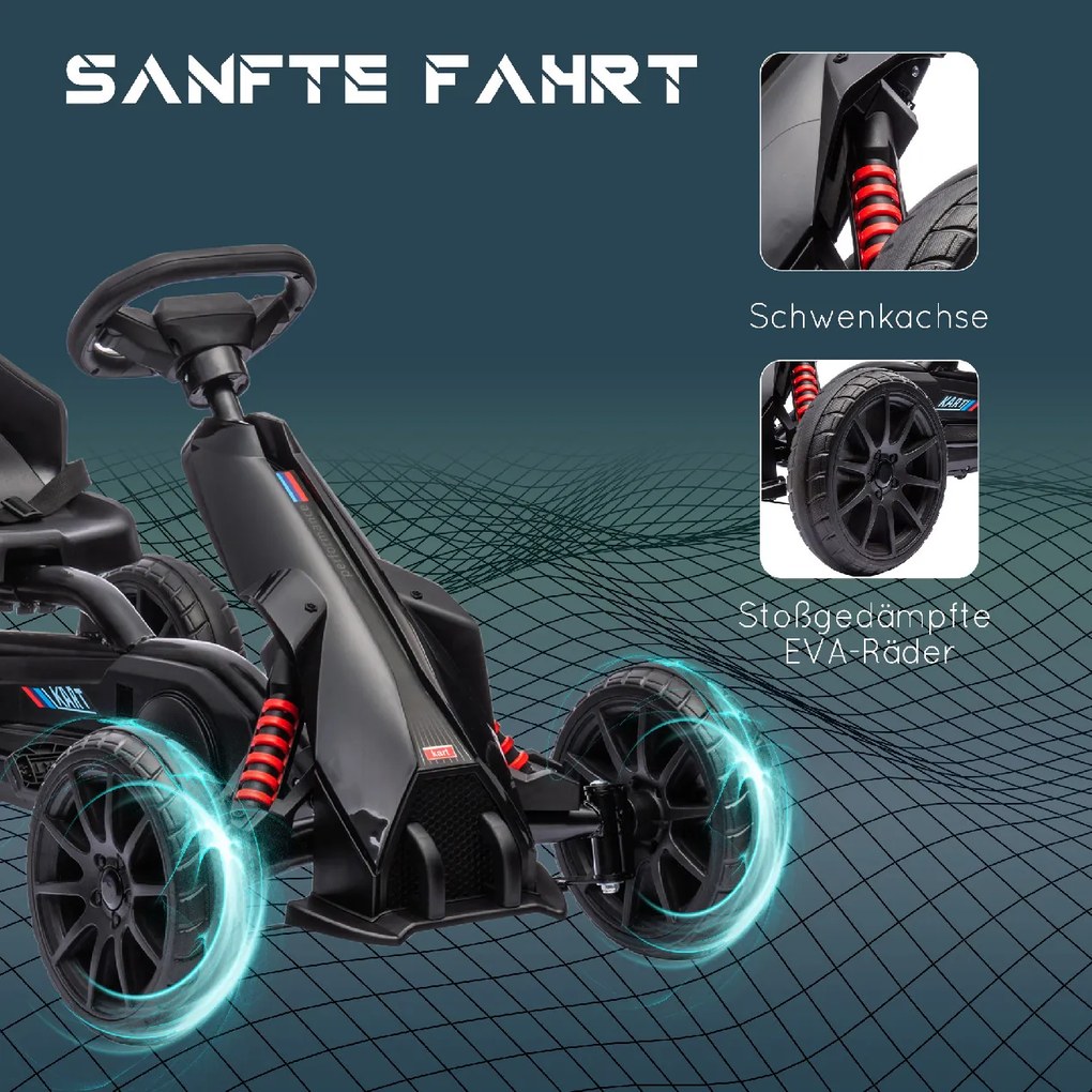 HOMCOM Dětský Go-Kart s Pedály a Ruční Brzdou, Nastavitelným Sedadlem, Přeřazovacím Mechanismem, Dětské Vozidlo s EVA Koly pro Děti ve Věku 3-8 Let