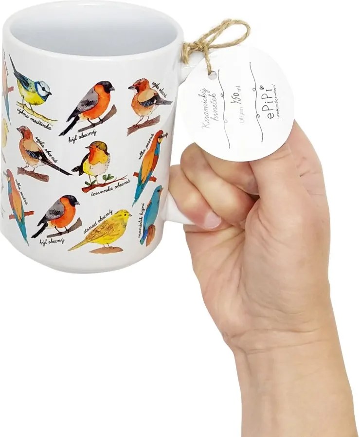 Keramický hrnek Duhoví ptáčci, 450 ml – s autorskou ilustrací barevných ptáčků