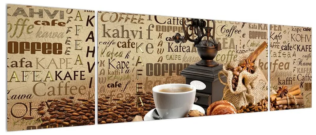 Obraz kávy, mlýnku a croissantů (170x50 cm)