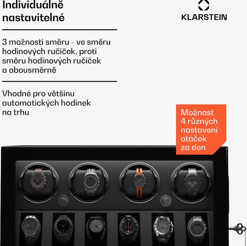 Klarstein ChronoVault natahovač hodinek, 4+6 hodinek, veganský, vysoký lesk, 4 režimy, motor Mabuchi, LED, zásuvka