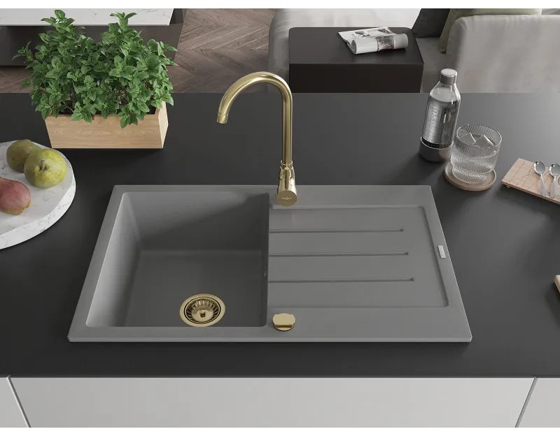 Mexen Bruno, granitový dřez 795x495x200 mm, 1-komorový, šedá se zlatým sifonem, 6513791010-71-G