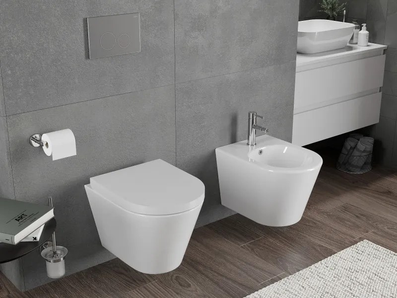 Mexen Rico, závěsná WC mísa 490x360x370 mm, Rimless Tornádo + WC sedátko z duroplastu, bílá lesklá, 30720200T