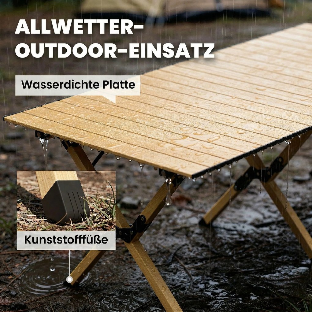Kempingový stůl 117 x 60 cm Hliníkový skládací stůl s rolovací deskou vzhled dřeva Přepravní taška vodotěsná