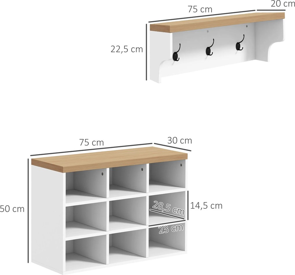 HOMCOM Stojan na kabáty a botník 2 v 1 - Vstupní nábytek se 3 háčky a policemi pro 9 párů bot 75x30x50 cm a 75x20x22,5 cm Bílý