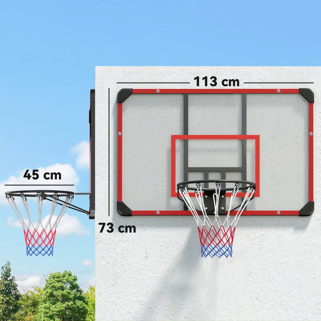 SPORTNOW basketbalový koš, basketbalová deska s košem, basketbalová síť s basketbalovou deskou, nástěnná, pro venkovní použití, ocel, 113 x 61 x 73 c…