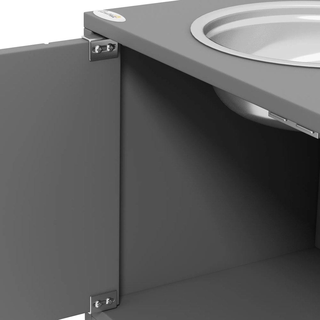 Vyvýšená krmná stanice se 2 nerezovými miskami a úložným prostorem o objemu 44 l, magnetická dvířka, pro velké psy, šedá barva