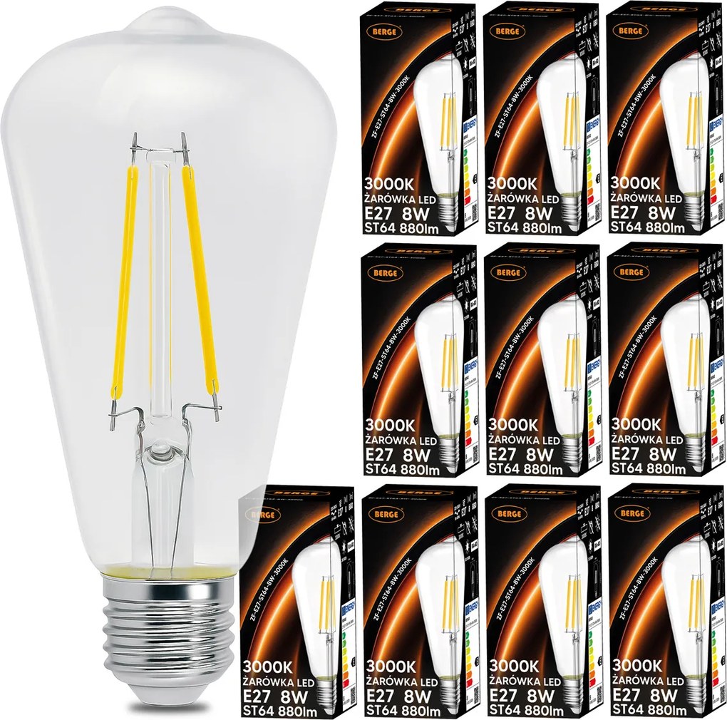 10x LED žárovka E27 6W 660lm 3000k vláknová retro st64