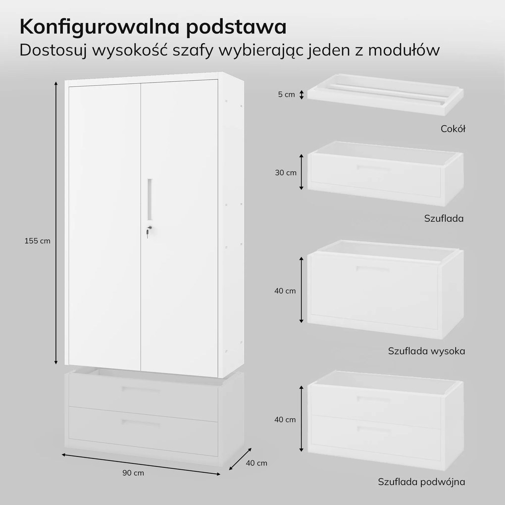Modulární kovová skříň s policemi na soklu, bílá, 1600x900x400 mm: MEGAN