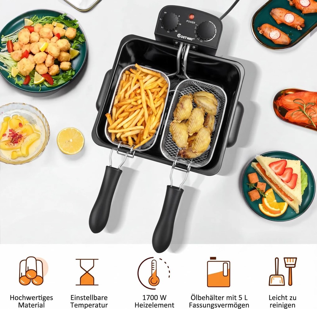 Costway Fritéza s tukem 5 L z nerezové oceli 1700 W s 3 fritovacími košíky