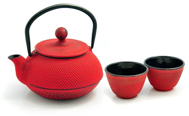 litinová konvička Arare red na čaj 600 ml + 2 šálky