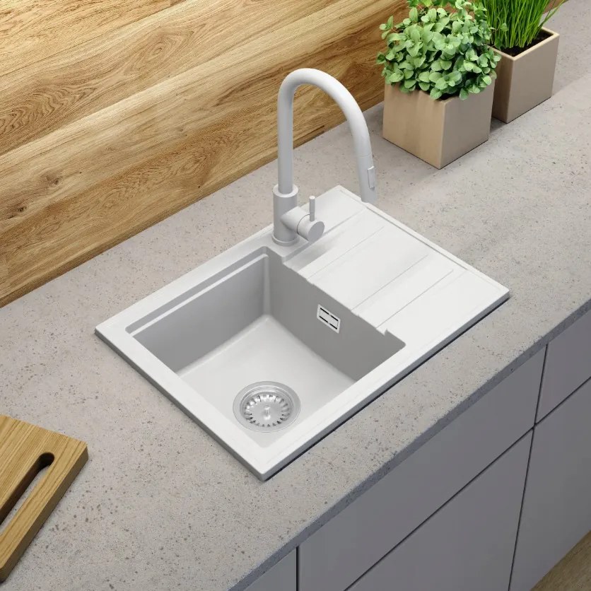 Gamma Modern 6040, 1-komorový granitový dřez 580x420x185 mm s krátkým odkapávačem, bílá, GMA-ZM-6040-WH
