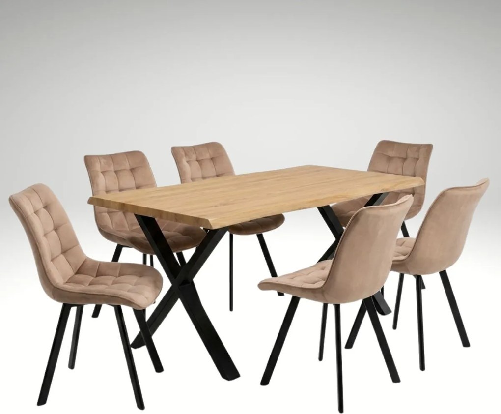 Vikio Jídelní set pro 6 osob 160x90 cm dub noha X béžová židle VJS236-6BE-S