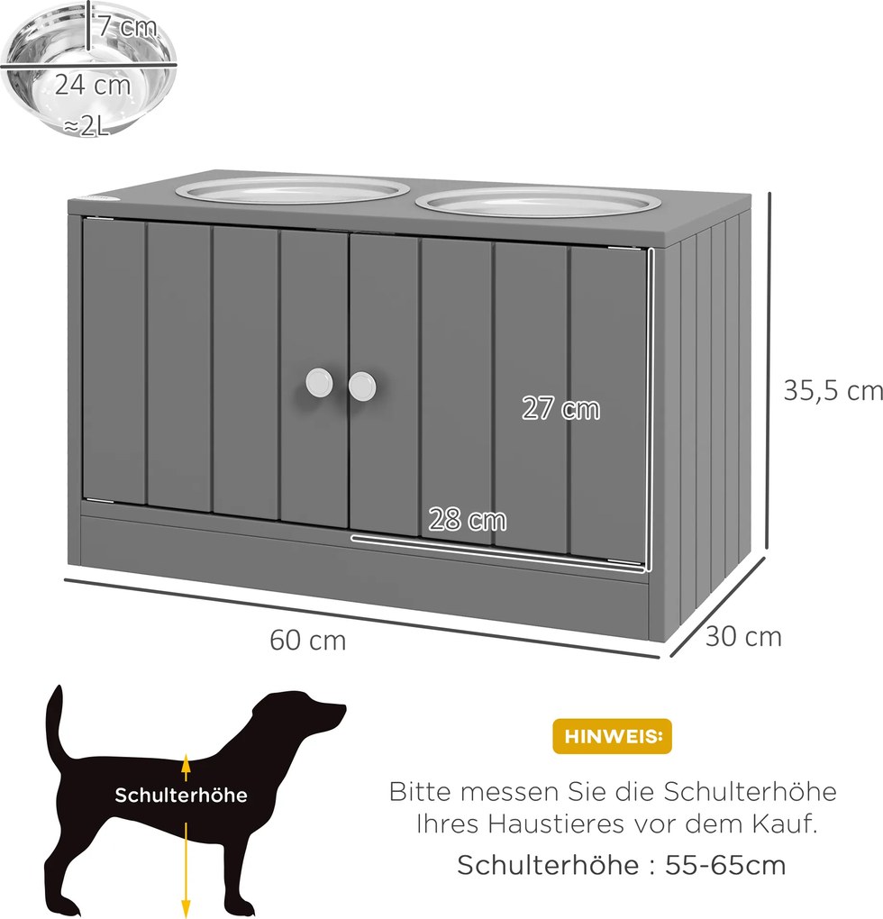Vyvýšená krmná stanice se 2 nerezovými miskami a úložným prostorem o objemu 44 l, magnetická dvířka, pro velké psy, šedá barva