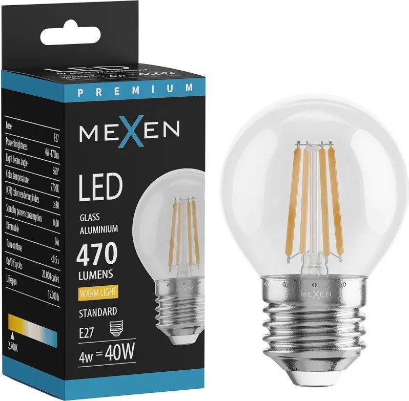 Mexen Vintis, LED filamentová žárovka E27, G45, 4 W, teplá bílá 2700K, čirá, L156-E27-0427-00