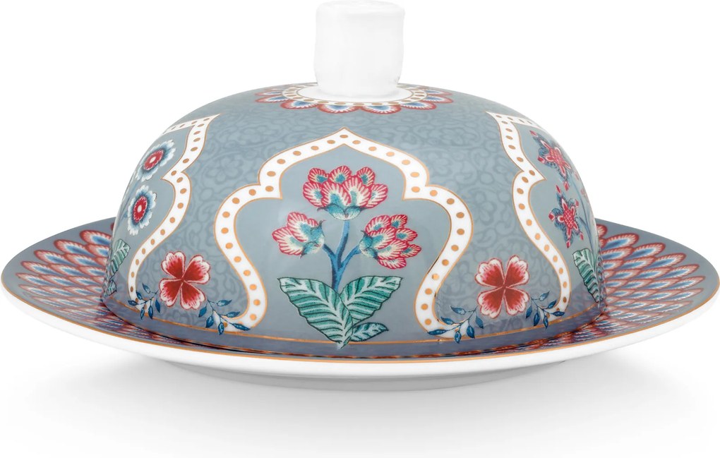 Pip Studio Flower Festival máselnička 17x8cm, modrá (Porcelánová kulatá designová máselnička)