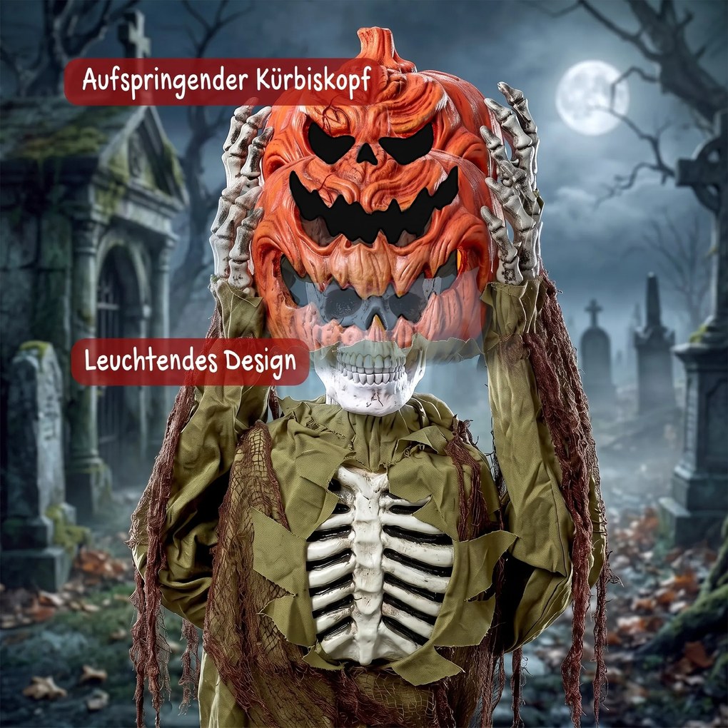 HOMCOM Animovaný vyskočivý dýňový kostlivec, 173 cm, strašidelná halloween dekorace se světlem a aktivací zvukem a dotekem