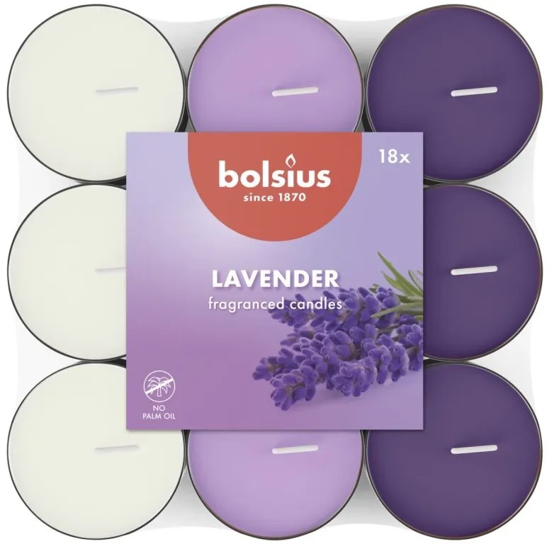 Bolsius Čajové 18ks, 260g, doba hoření 18x3,5hod, Lavender basic tříbarevné, vonné svíčky