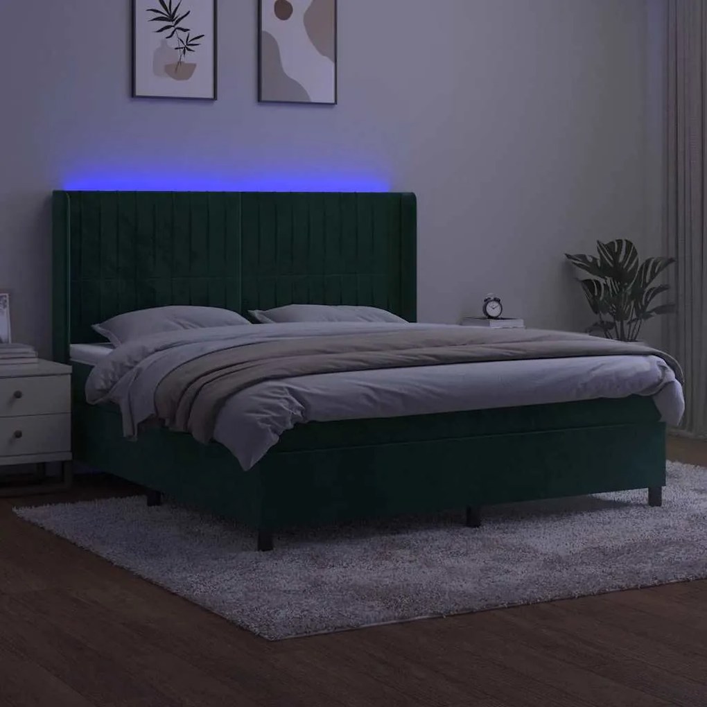Box spring postel s matrací a LED tmavě zelená 180x200 cm samet 3139700