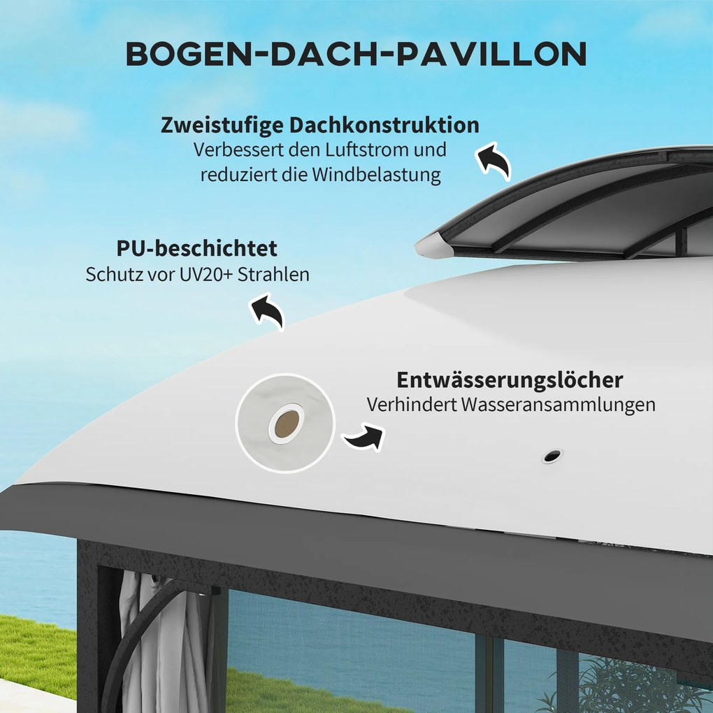 Gartenpavillon, 3,3 x 4 m Gartenzelt mit Netz-Vorhängen, zweistufiges Dach, Kunstleder-Bezug, Metallrahmen, Hellgrau
