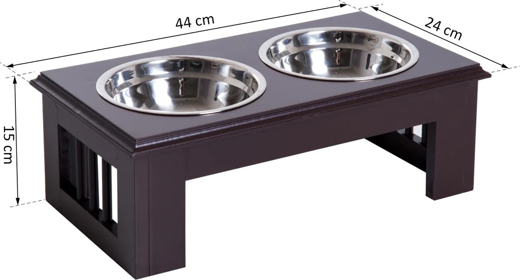 PawHut sada misek pro psy 2 nerezové misky na krmivo, zvýšená miska pro kočky, MDF, snadná údržba, káva, 44x24x15cm| Aosom