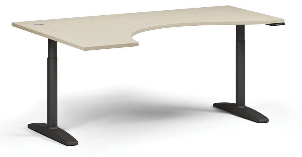 Výškově nastavitelný stůl OBOL, elektrický, 675-1325 mm, ergonomický levý, deska 1800x1200 mm, černá zaoblená podnož, buk