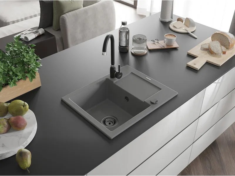 Mexen Enzo, granitový dřez 576x465x174 mm, 1-komorový, šedá s černým sifonem, 6506571005-71-B