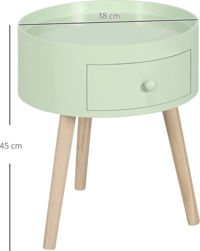 HOMCOM Kulatý Kavový Stolek - Noční Stolek - Skandinávský Design Stolek se Zásuvkou a Šikmými Pevnými Dřevěnými Nohami Zelený | Aosom