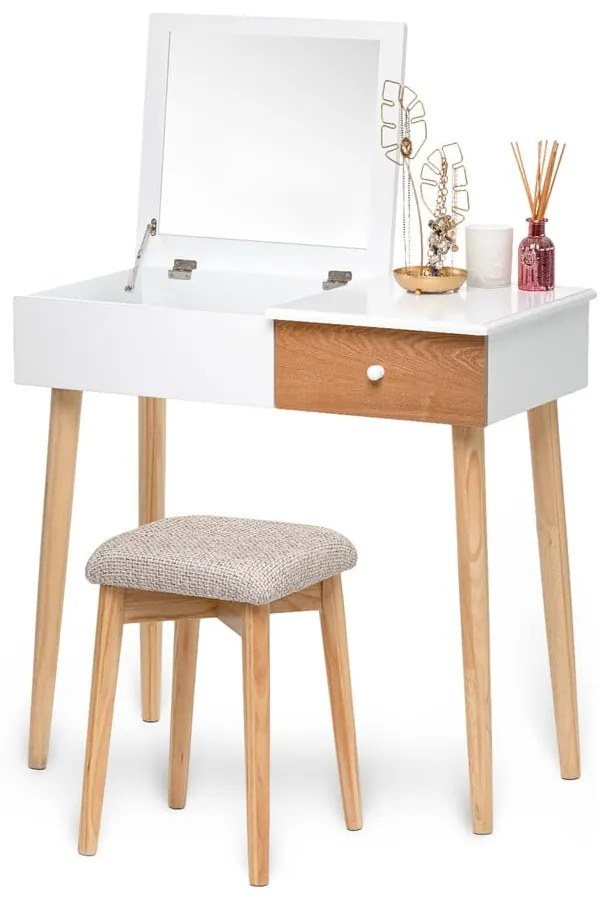 Bílý toaletní stolek se zrcadlem, šperkovnicí a stoličkou Chez Ro Beauty