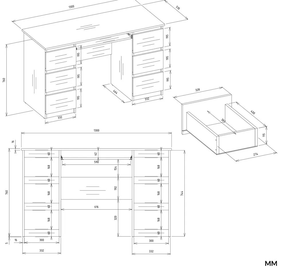 Psací stůl s nástavbou KUBA 130 cm bílý