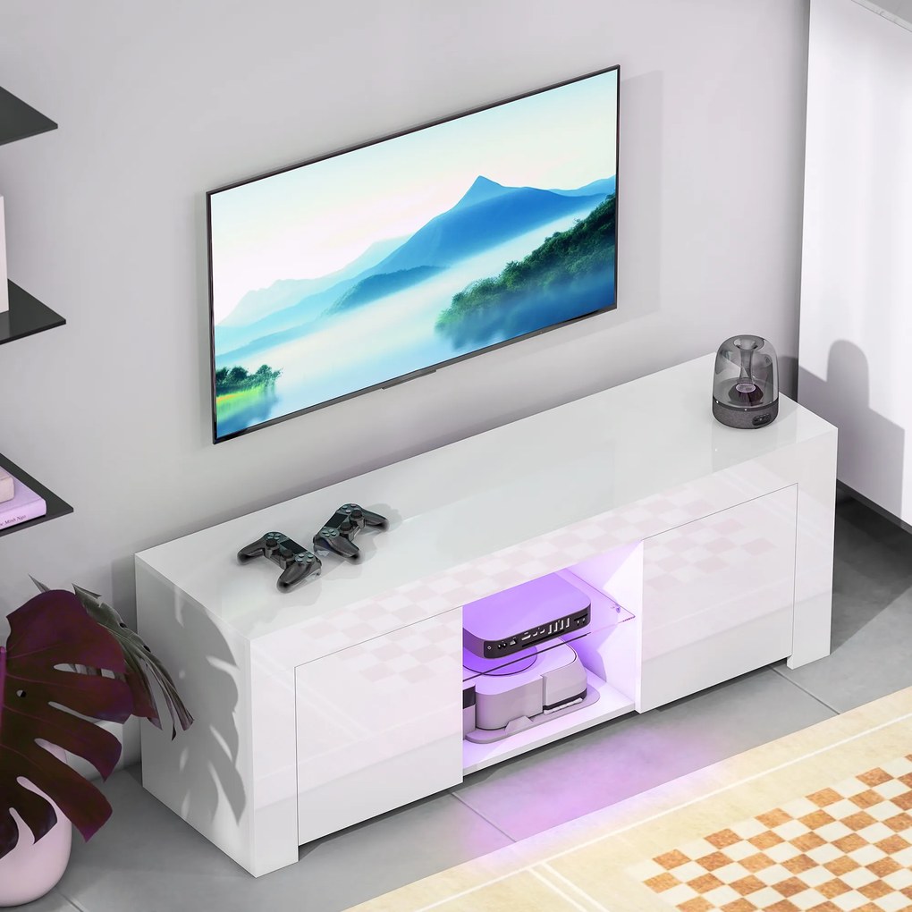 HOMCOM TV skříňka s LED osvětlením, 2 dveře skříně, skleněná police, otvory pro kabely, do obývacího pokoje, dřevotříska, bílá