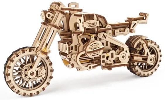 Ugears - 3D dřevěné mechanické puzzle Motorka scrambler s vozíkem