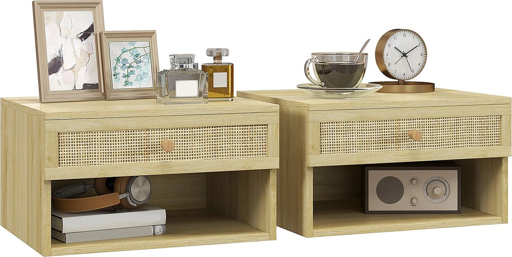 HOMCOM Set 2 Floating Nočních Stolků Závěsné Noční Stolky s Otevřeným Úložným Prostorem a Ratanovou zásuvkou pro Ložnici 40x34x23 cm Přírodní | Aosom