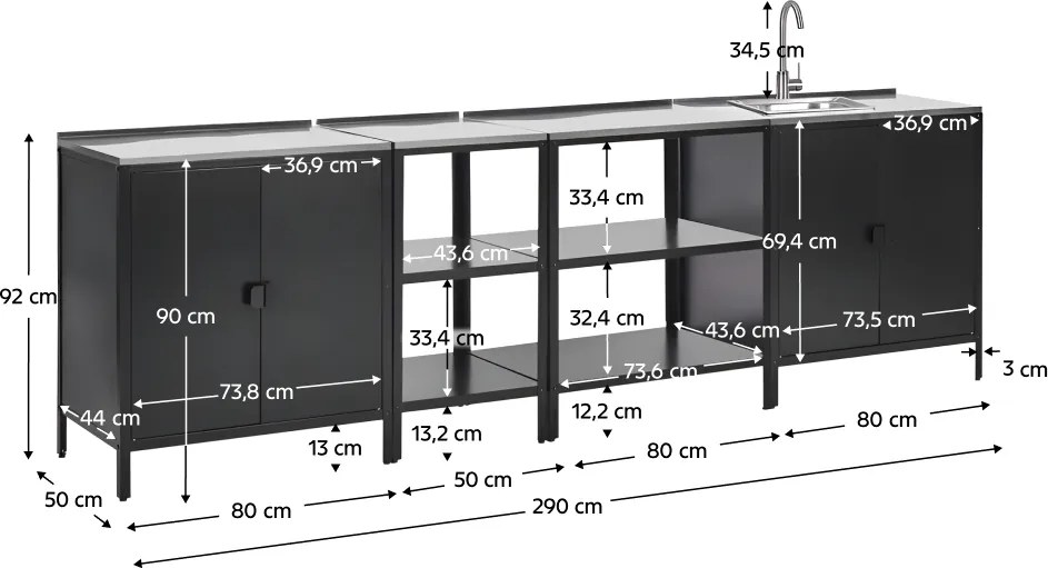 Kondela 4-dílná zahradní kuchyňská linka s dřezem, kov, černá, INES