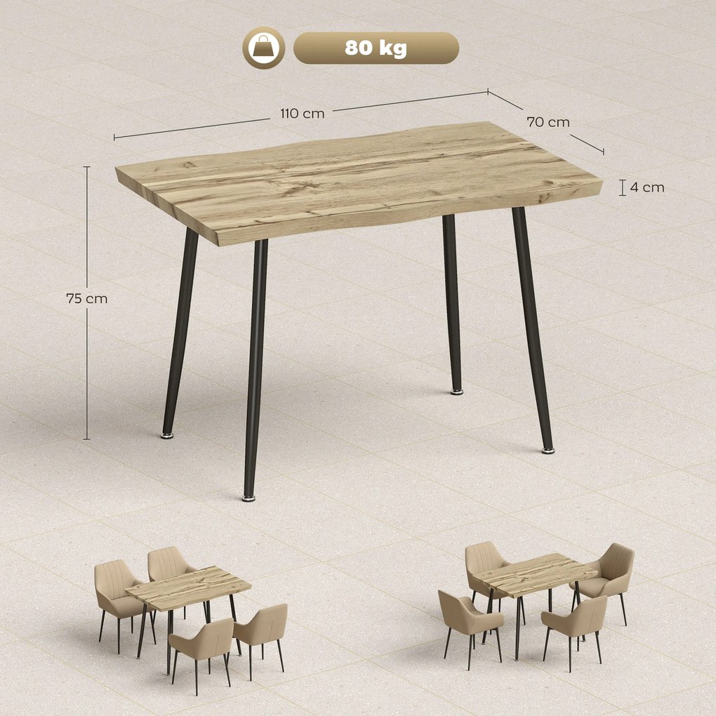 Jídelní stůl HOMCOM pro 4 osoby, 110 × 70 × 75 cm, moderní severský design, ocelový rám, deska s dubovým dekorem