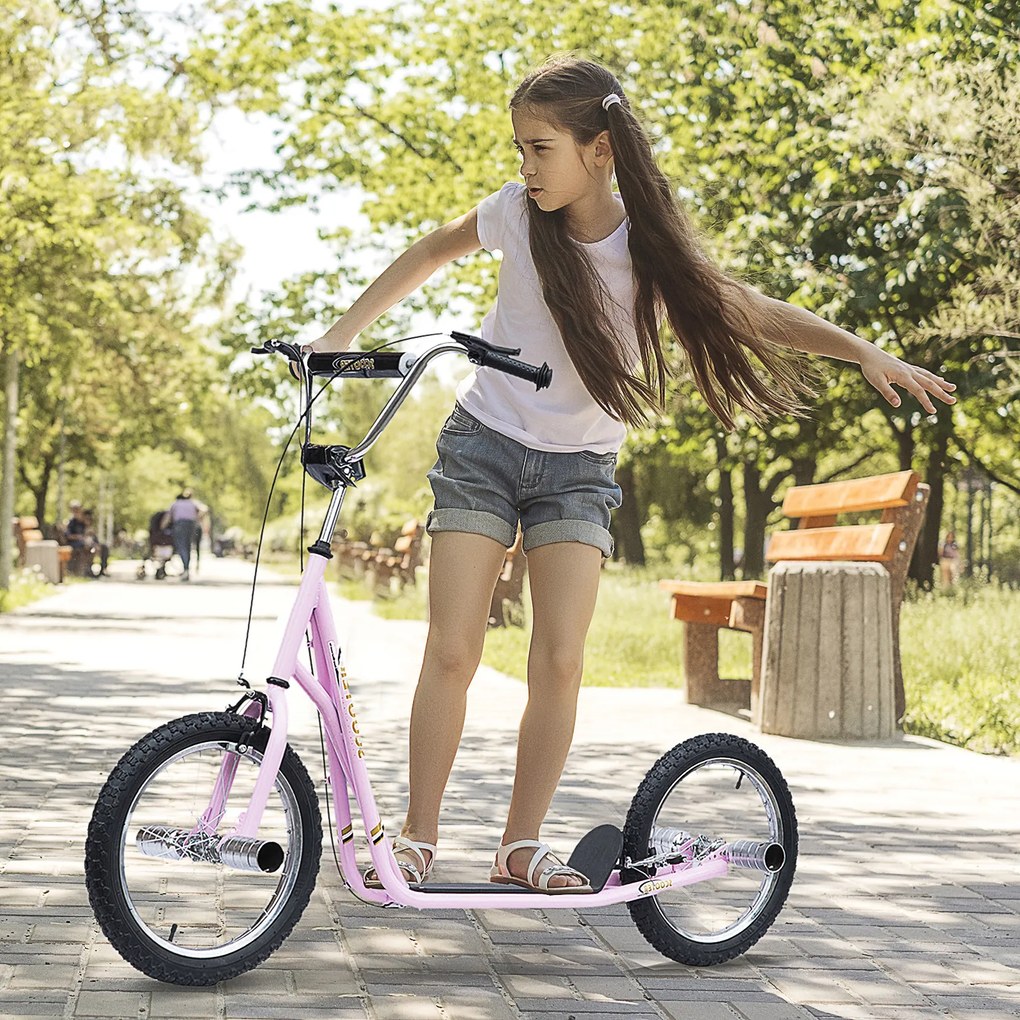 Dětská koloběžka HOMCOM 16" s pneumatikami, výškově nastavitelná koloběžka v růžové barvě pro děti od 5 let, stabilní a bezpečná