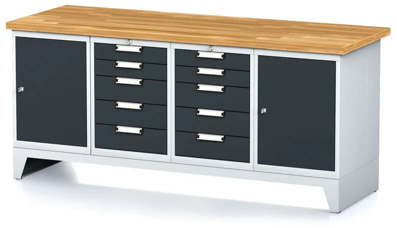 Alfa 3 Dílenský stůl MECHANIC I, 2 skříňky a 2x 5 zásuvkový box na nářadí , 10 zásuvek, 2000x700x880 mm, antracitové dveře