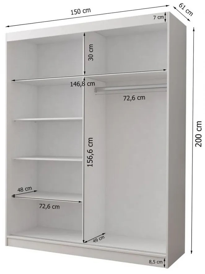 Praktická šatní skříň VALA 06 - šířka 150 cm, bílá