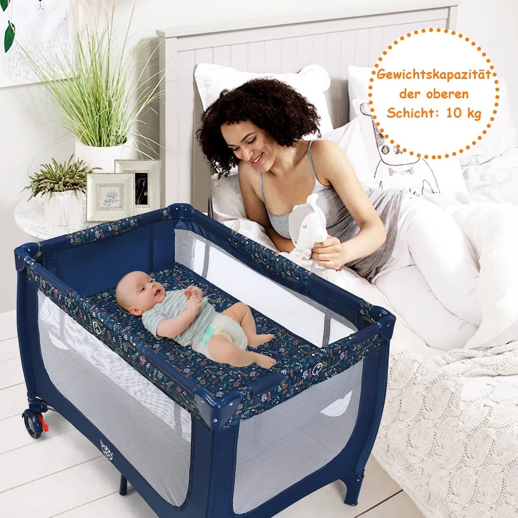 Costway 2 v 1 Cestovní postýlka a ohrádka – 125 × 65 × 76 cm, modrý
