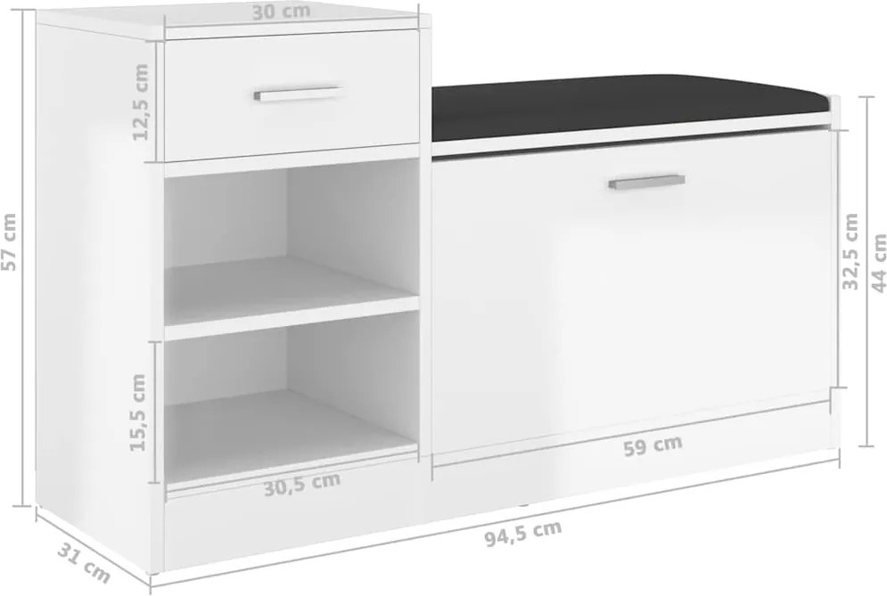 Lavice s botníkem bílá vysoký lesk 94,5x31x57 cm kompozit 326747