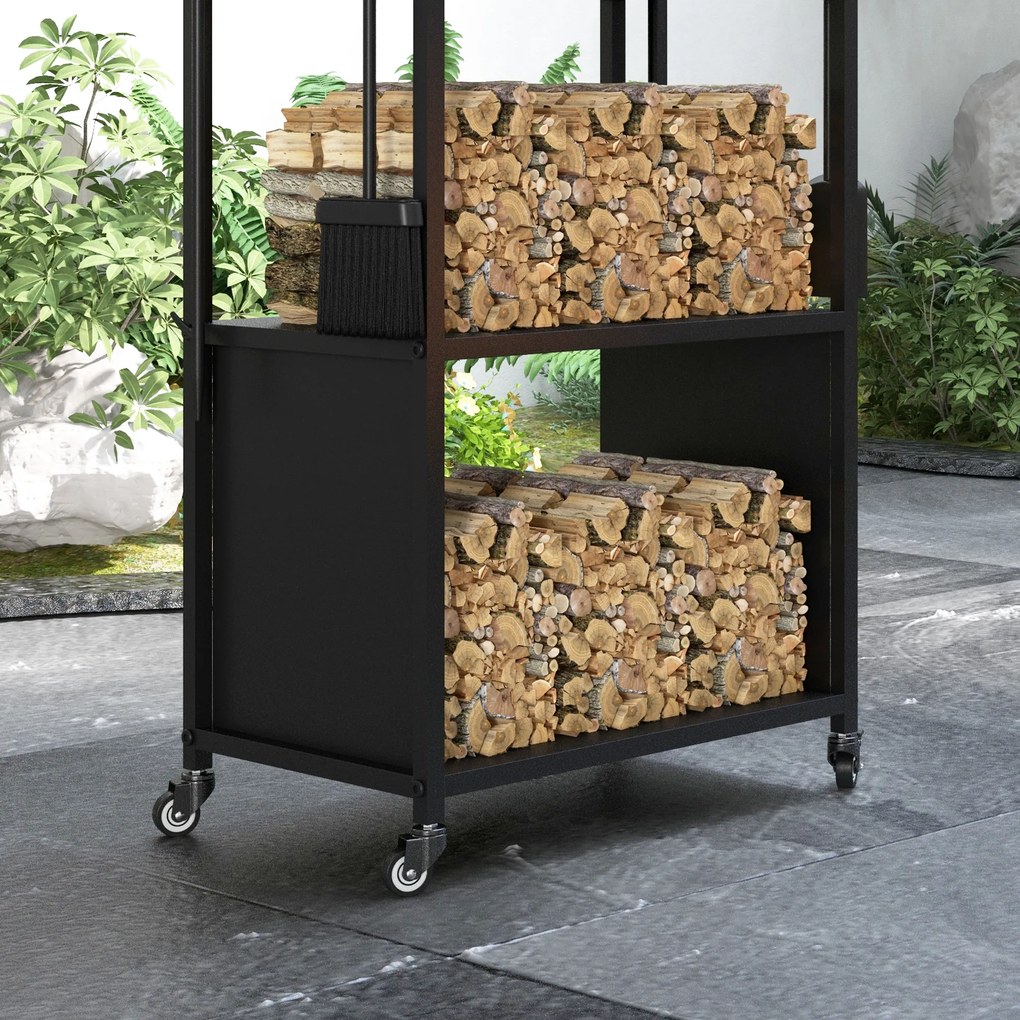 Outsunny Stojan na dřevo 45 x 30 x 118 cm s koly, 4 police, stojan na dřevo pro venkovní i vnitřní použití, do 60 kg, kovový, černý