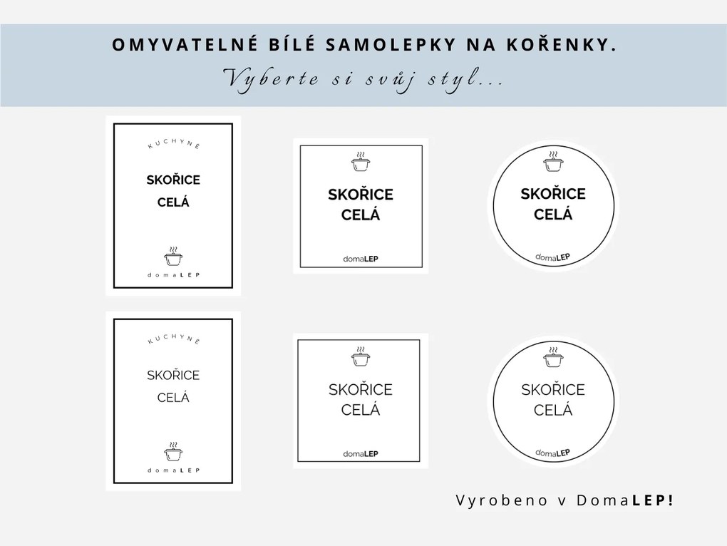 SKOŘICE CELÁ - omyvatelná samolepka na kořenky, výběr rozměrů Ø 5 cm / 5 x 5 cm / 6 x 8 cm | DomaLEP tvar: OBDÉLNÍK, barva: BÍLÁ - ČERNÉ písmo, velikost: š. 6 cm x v. 8 cm - tučné písmo