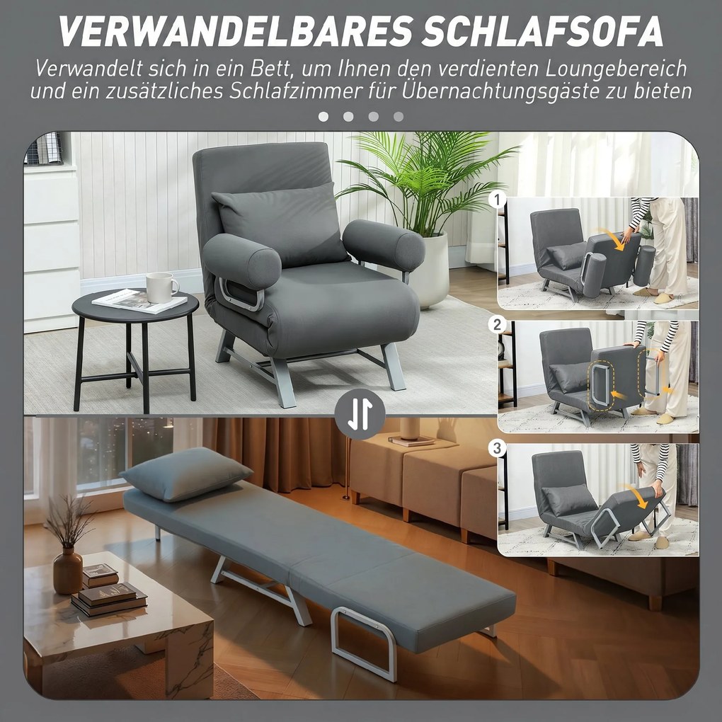 HOMCOM Rozkládací křeslo, čalouněné křeslo, přeměnitelné na postel pro hosty, ergonomické, tmavě šedé