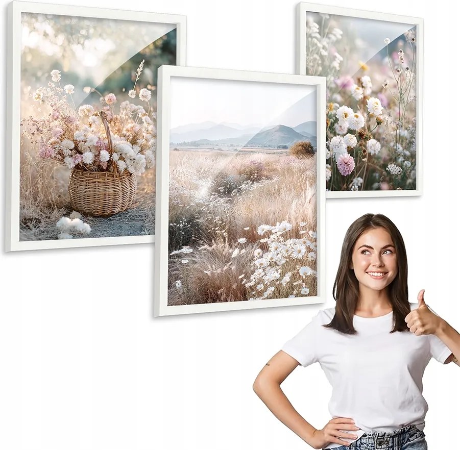 Sada 3 obrazů Boho Polní Květiny s bílým rámečkem 50x70 triptych do kuchyně