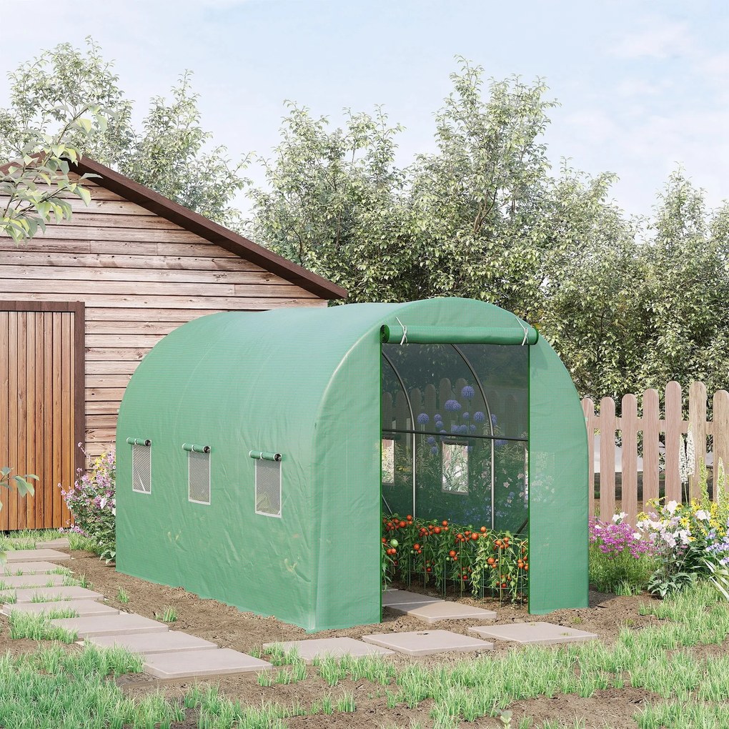 Zelený skleník Outsunny 350x200x200 cm s fólií, Dům na rajčata s dveřmi, 6 okny, Fóliový tunel z pozinkované oceli, PE, stabilní skleník pro rostliny,